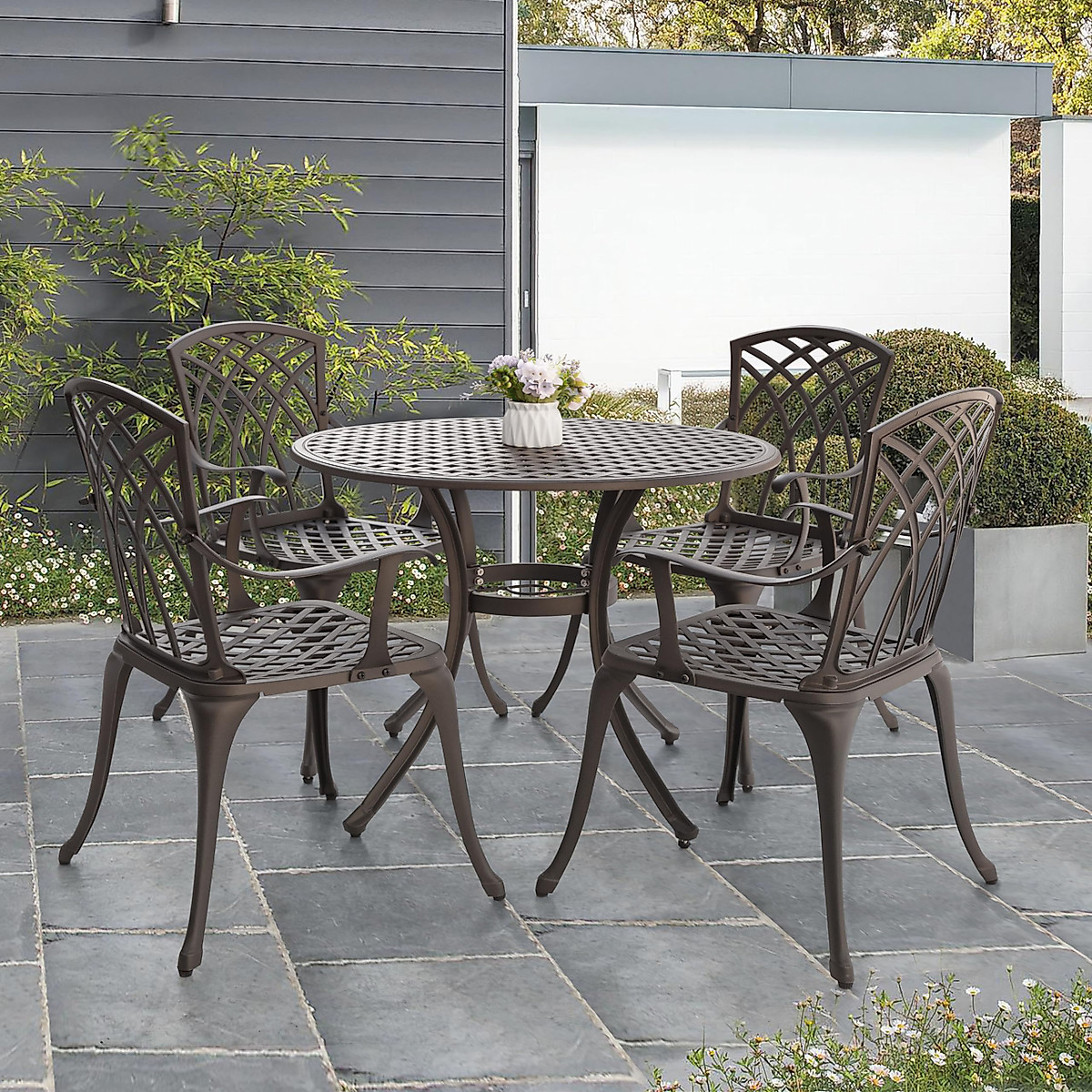 NUU GARDEN 5 Piece Outdoor Patio Dining Set, All-Weather Round Cast Aluminum Dining Table with 1.97" Umbrella Hole and Outdoor Patio Dining Chairs for Patio, Garden, Backyard, Balcony, Bronze