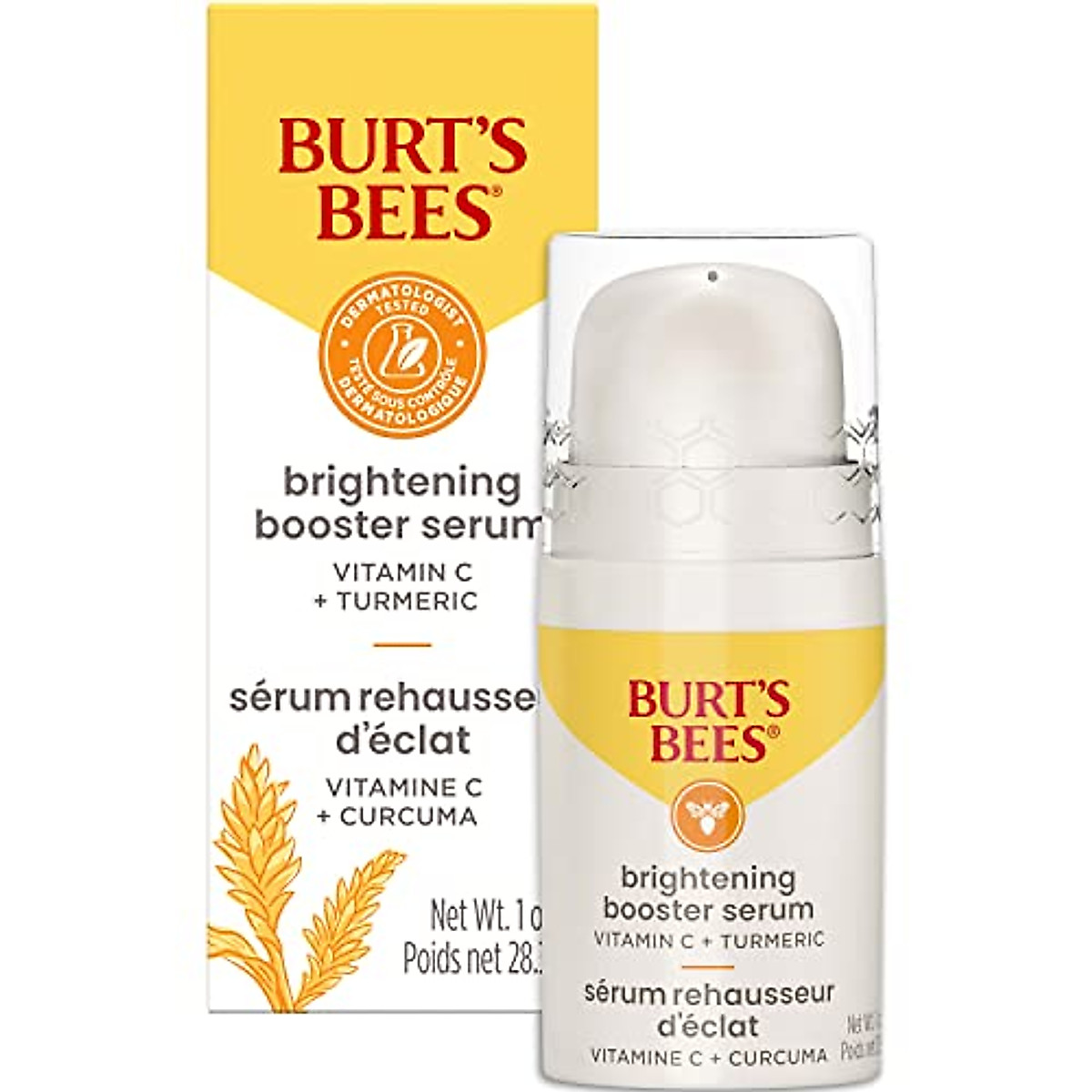 Burt's Bees Vitamin C Turmeric Face Serum, Brightens Skin & Visibly Reduces Dark Spots, Fine Lines & Wrinkles, Naturally Hydrating, Lightweight - Brightening Booster Serum (1 oz)