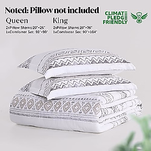 CozyDH Boho Comforter Set Queen Size - 100% Egyptian Long-Staple Cotton Modern Design with Geometric, Modern Breathable Lightweight All Season Bedding Set with Shams, 90"x90", Grey/White, 3 Piece