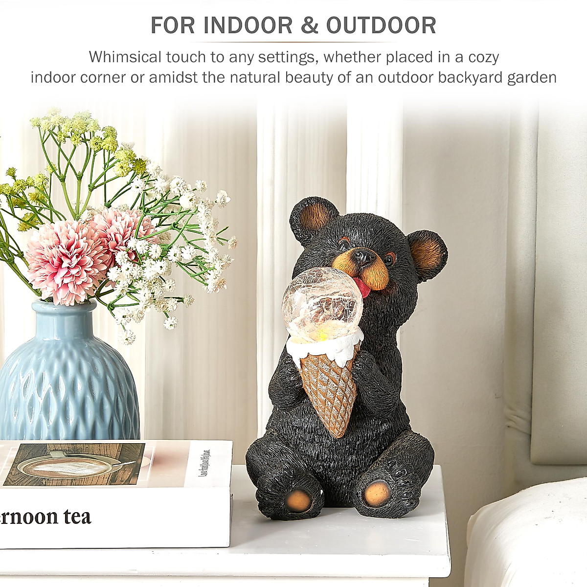 The Roo - Black Bear Solar Light Figurine - Outdoor Waterproof Garden Statue - Animal Garden Decor Light - Solar Lantern for Outside - Housewarming Gifts - Patio, Yard, and Lawn