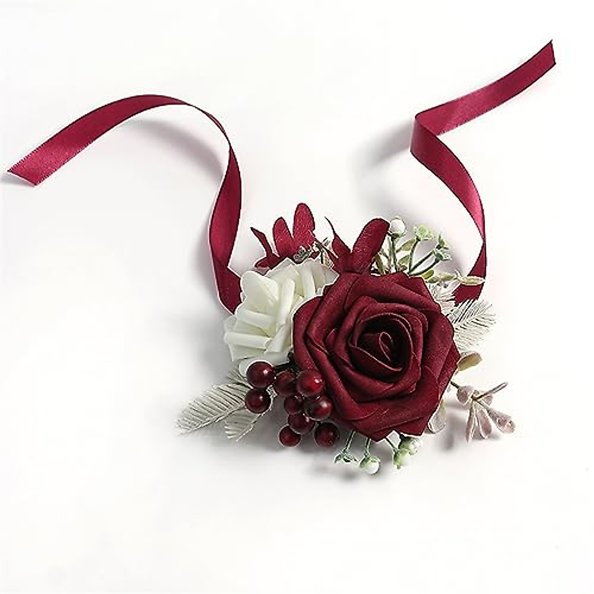 Saiiwnn 2pcs Wrist Corsage Women Bride Bridesmaid Hand Flower Wristlet Band Bracelet for Wedding Party Prom Artificial Flower Accessories Decorations (Burgundy)