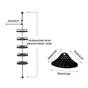 BAOYOUNI 5-Tier Shower Corner Caddy Tension Pole Adjustable Bathroom Shelf Floor to Ceiling Storage Rack Organizer Holder with Towel Bar - No Drilling - Black