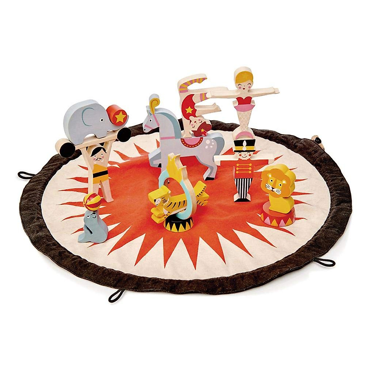 Tender Leaf Toys - Circus Stacker - 14 Pieces Wooden Stacking and Balancing Toy with Circus Troupe and Beautiful Circular Printed Bag - Early Learning and Fine Motor Skills for Children 3+