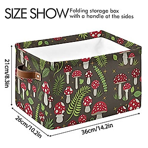 Kigai Mushroom Storage Basket Collapsible Rectangle Storage Bin Shelves Basket Organizer with Leather Handle for Closet, Office, Nursery, Home Decor