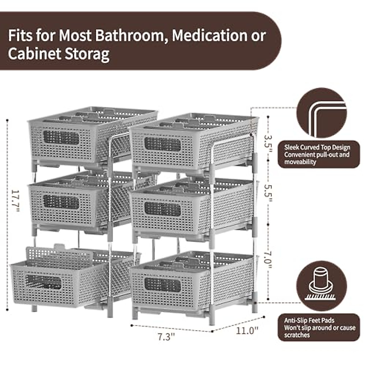 Bathroom Organizers and Storage, 2 Pcs 3 Tier Under Sink Organizer, Medicine Cabinet Organizers With Dividers, Pull Out Cabinet Organizer, Bathroom Cabinet Organizer and Storage, Kitchen Storage Grey