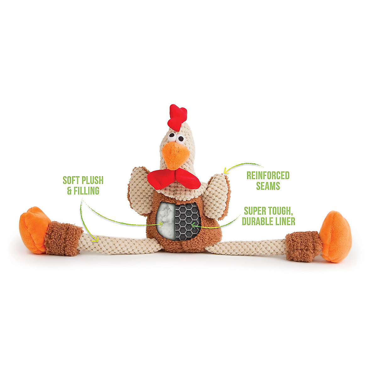 goDog Checkers Skinny Rooster Squeaky Plush Dog Toy, Chew Guard Technology - Brown, Large