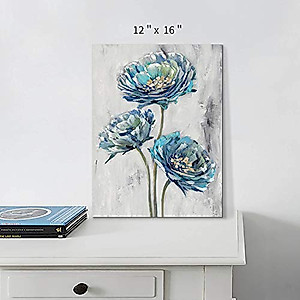 Abstract Floral Canvas Wall Art: Blossom Blue Lotus Flower Artwork Painting Print for Bathroom (12” x 16” x 1 Panel)