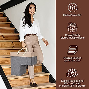 SAM AND MABEL Stair Basket for Stairs - Stair Baskets for Carpeted and Wooden Stairs, Collapsible Staircase Basket, Stair Step Basket Storage Organizer for Office and Home Decor (Soft Beige and Gray)