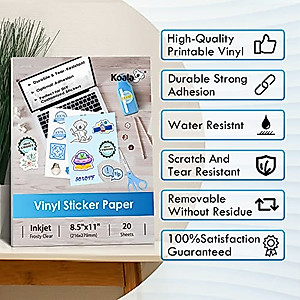 Koala Printable Vinyl Sticker Paper for Inkjet Printer - Frosty Clear Sticker Paper - 20 Sheets Waterproof Sticker Printer Paper - Tear and Scratch Resistant, Quick Dry, 8.5x11 Inches