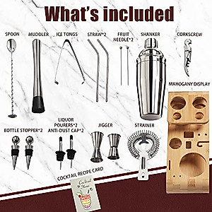 TONGTAIWQTJQ Bartender Kit Cocktail Shaker with Stylish Bamboo Stand,18-Piece Bar Tool Set with Recipes Booklet,Home Drink Mixer Set