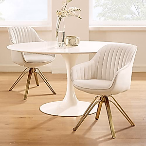Art Leon Swivel Dining Chair, Set of 2, Office Chair No Wheels, Fabric Upholstered Kitchen Dining Room Chairs with Gold Legs, Mid Century Modern Accent Chair with Arms, Off White