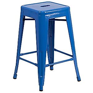 Flash Furniture Kai Commercial Grade 24" High Backless Blue Metal Indoor-Outdoor Counter Height Stool with Square Seat