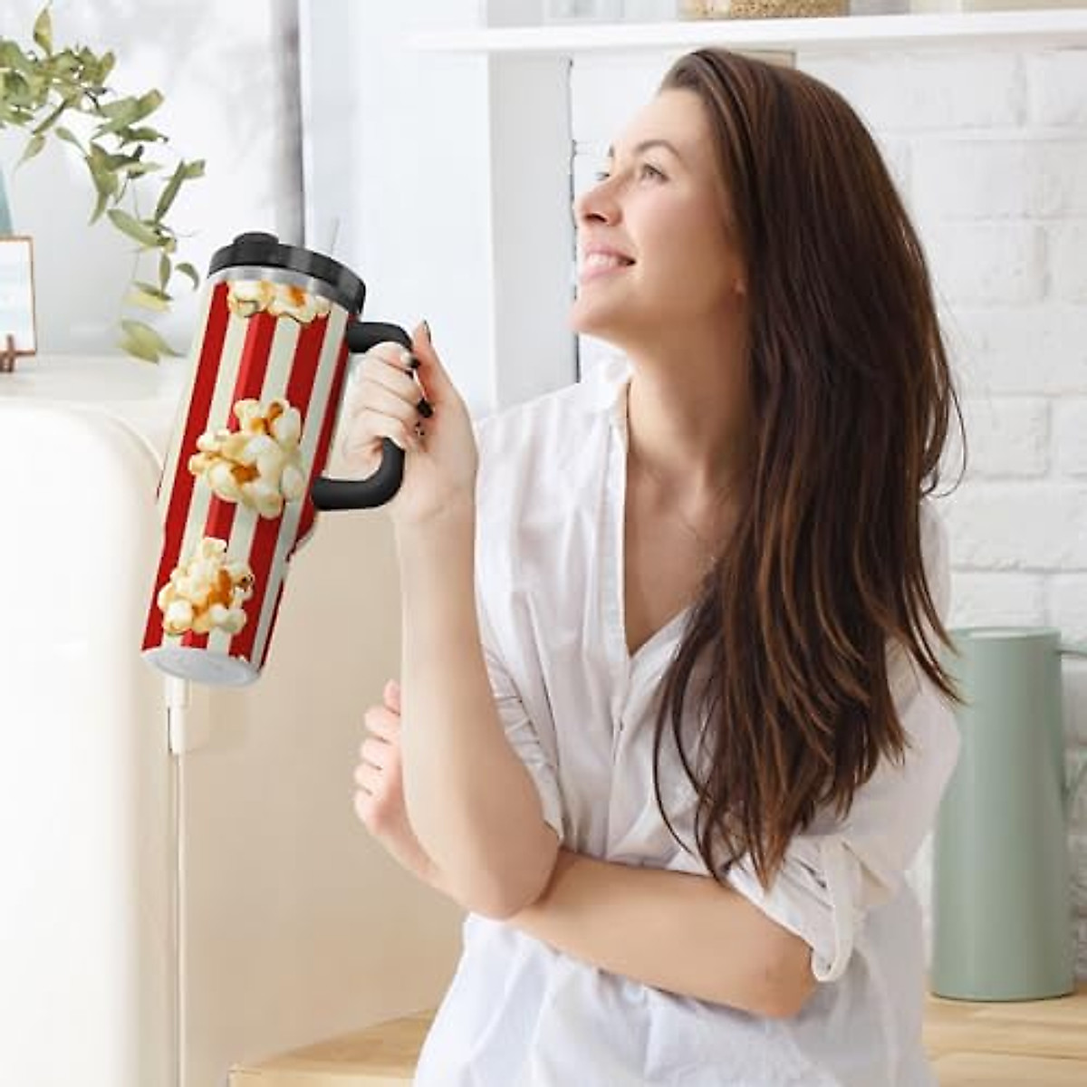 Selerdon 40 oz Tumbler Popcorn Red Striped with Handle and Straw Lid Vacuum Stainless Steel Insulated Water Bottle Travel Mug Car Cup Holder Friendly BPA Free for Gym Travel Office