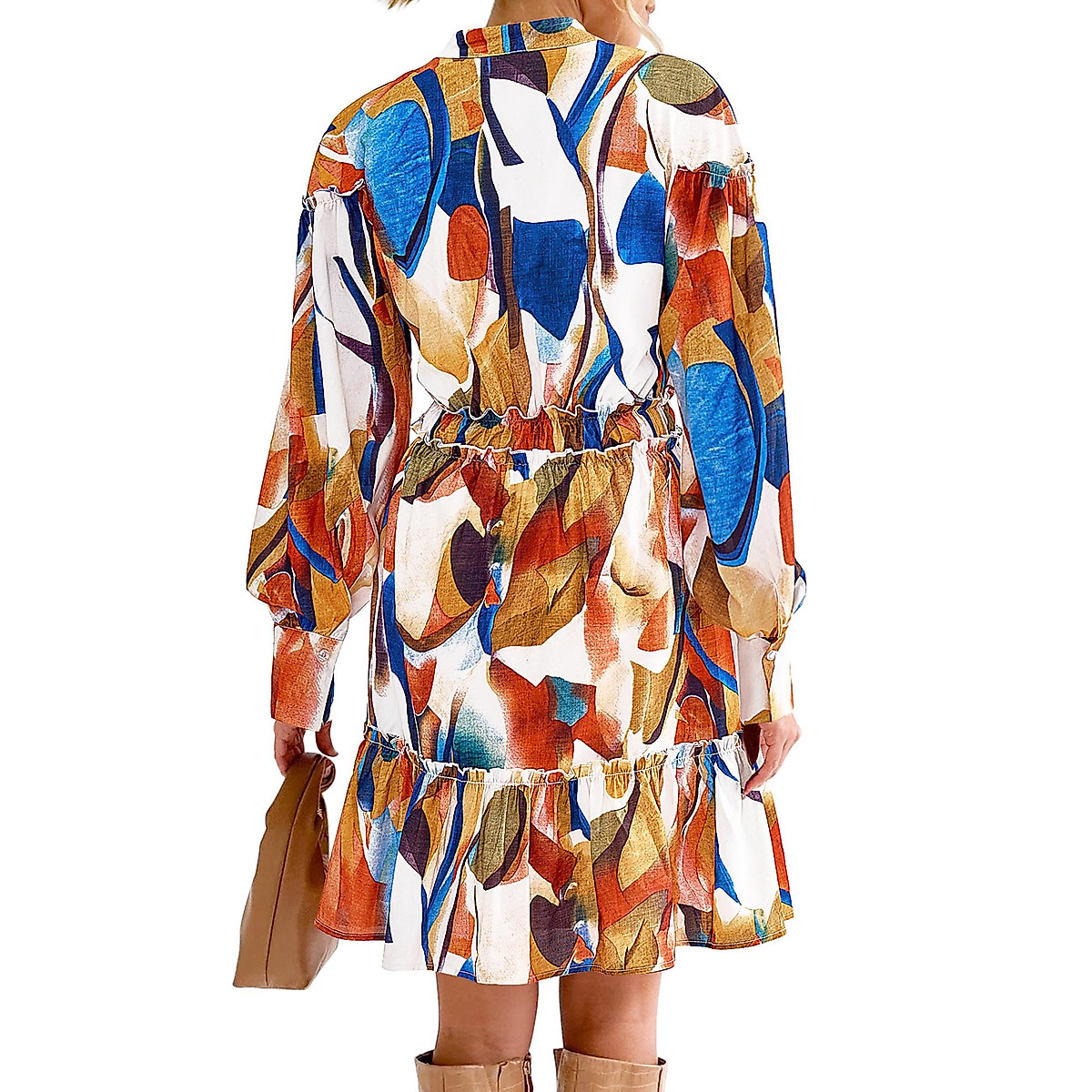 KIRUNDO Women Long Sleeve Dress Button Up Oil Mottled Print Exotic Dresses Casual Loose Elastic Waist A Line Short Dress Party Dress Homecoming Dresses(Blue, Small)