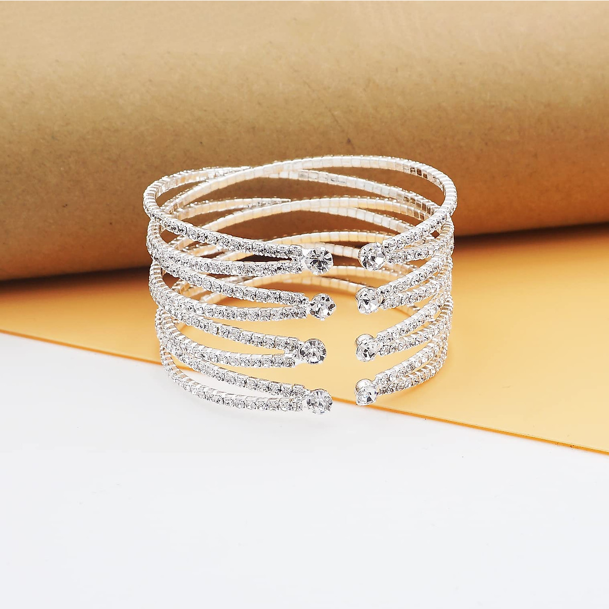 JSEA 4-Womens Rhinestones Cross Cuff Bracelet Open End Wide Bangle Silver tone