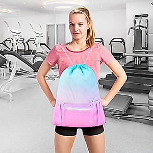 Nidoul Mesh Drawstring Bag with Zipper Pocket, Beach Bag for Swimming Gear Backpack Gym Storage Bag for Adult Kids (Pink Blue)