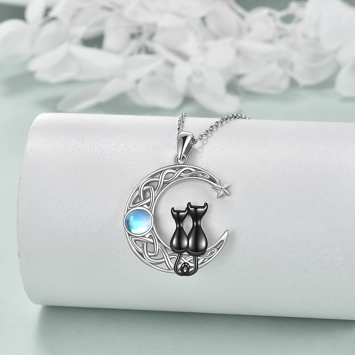VONALA Celtic Moon Cat Necklace for Women Sterling Silver 2 Black Cat Jewelry Women Two Cat Necklace for Cat Lovers