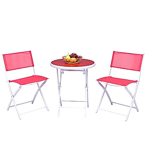 Giantex Bistro Table Set, 3 Piece Patio Bistro Set, Outdoor Folding Table and Chairs, Foldable Patio Dining Set, Porch Furniture Set Garden Backyard Metal Frame No Assembly, Red