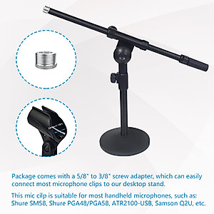 Mictop Adjustable Desktop Mic Stand, Desk Stand Tabletop Table Top Microphone Stand with Mic Clip for Handheld Microphone, Boom Arm, 5/8" Male to 3/8" Female Screw Adapter