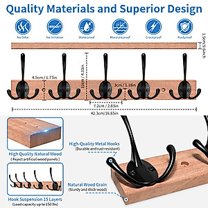 Coat Rack Wall Mounted, Entryway Wall Clothes Rack Hooks with 5 Heavy Duty Metal Three Hooks, Wooden Coat Hooks Wall Mount with 2 Mounting Types for Hanging Jacket, Backpack, Towel, Keyholder, Hats
