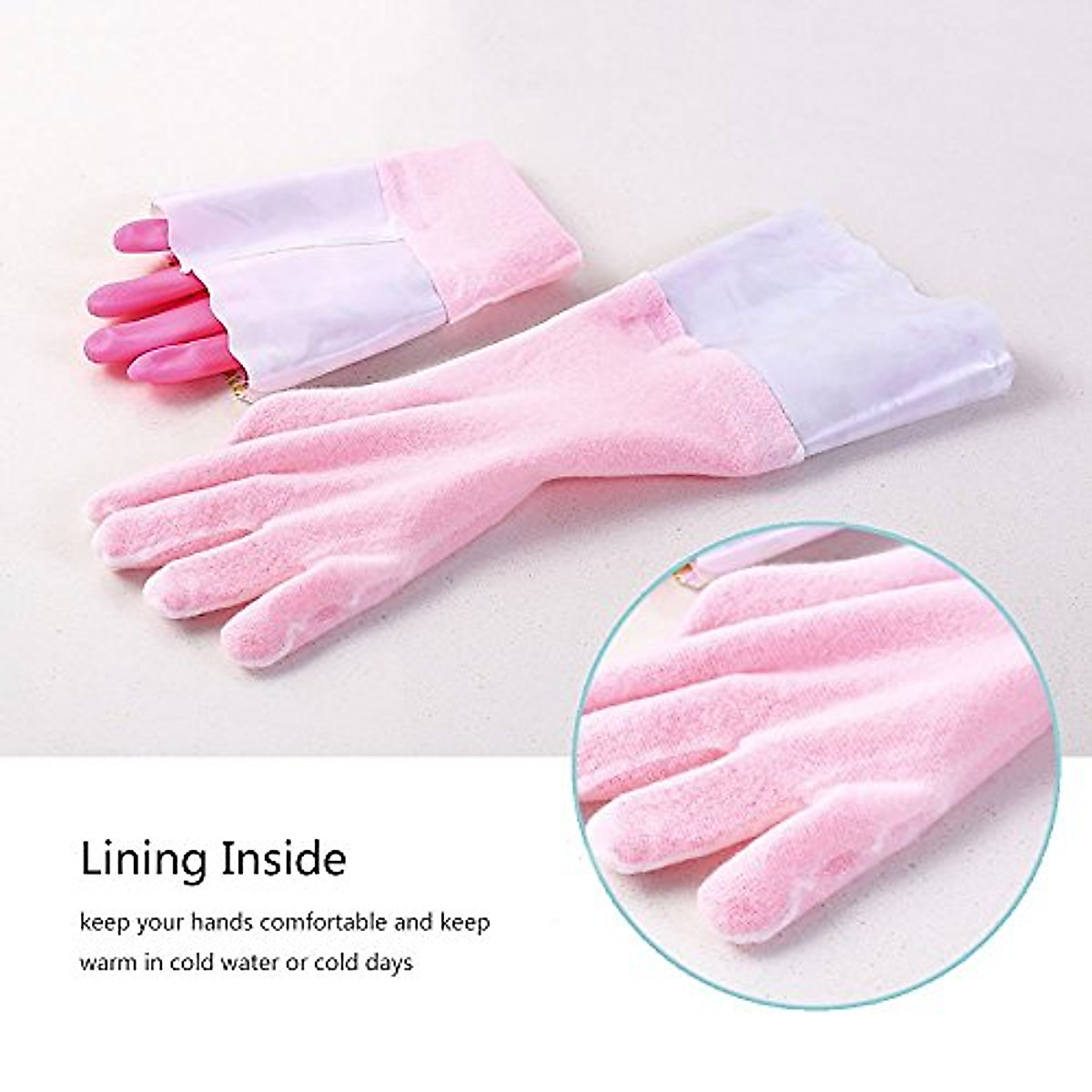 Finnhomy 31229 Household Gloves Latex free cleaning Gloves with soft fiber lining extra long cuff 15" and Vinyl Textured Grip 2 Pair Large