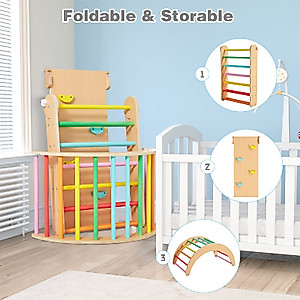 Beright 4 in 1 Pikler Triangle Gym, Montessori Foldable Climber with Ramp, Indoor Climbing Toys for Kids, Climbing Triangle for Toddlers Arch Climber, Rocker, Learning Waldorf Children Toy, Rainbow