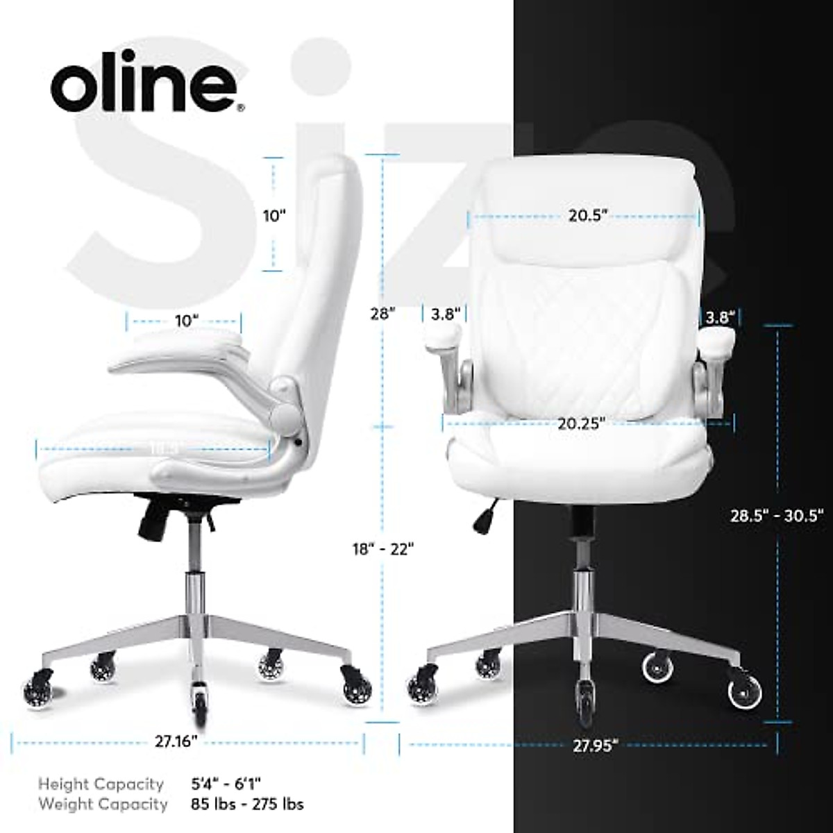 Oline Ergonomic Executive Office Chair - Rolling Home Desk PU Leather Chair with Adjustable Armrests, 3D Lumbar Support and Blade Wheels - Computer Gaming Swivel Chairs (White)