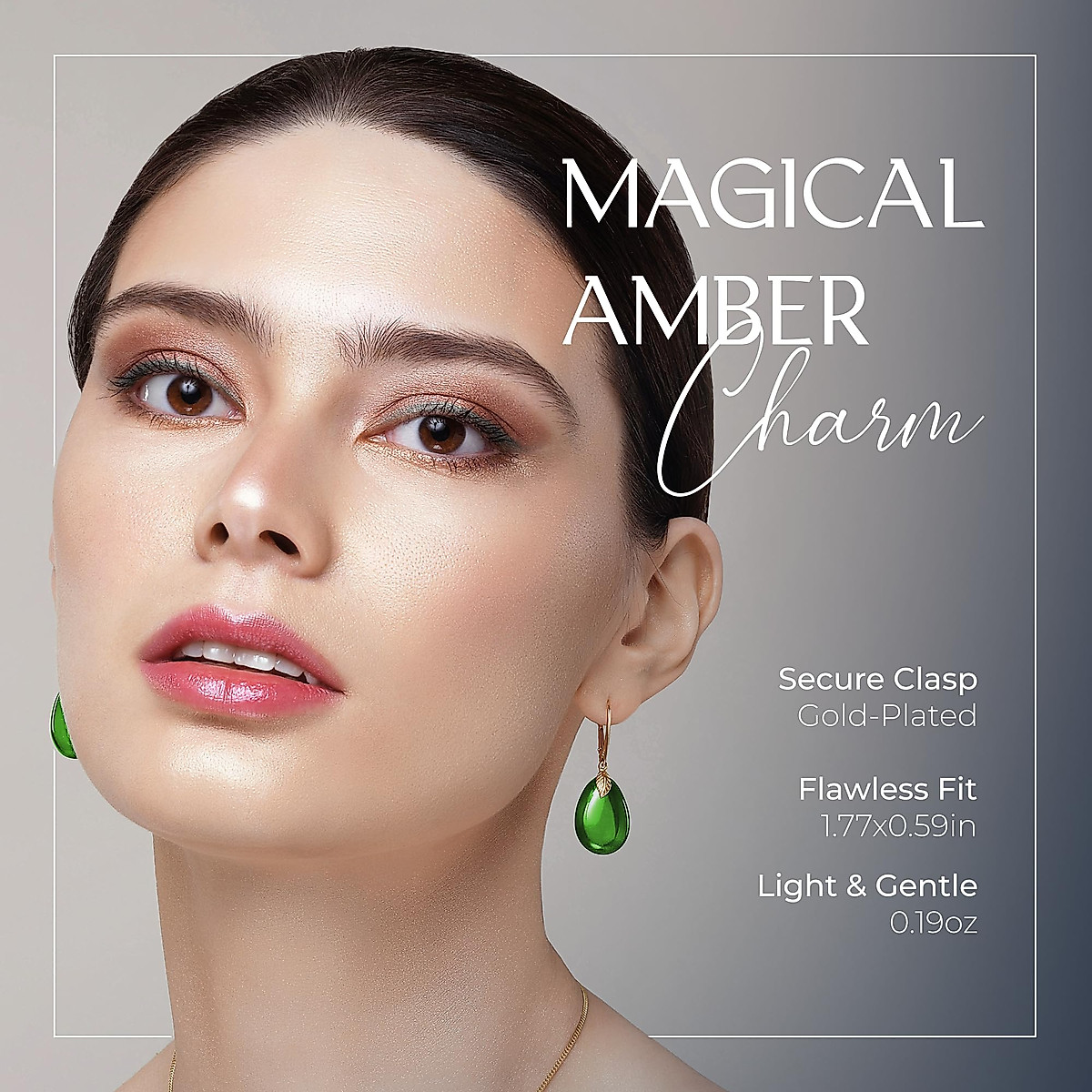 Amber by Mazukna - Green Amber Jewelry for Women - Yellow Gold Plated Silver Closure, 1.69x0.59inch 0.19oz, Dainty Polished Amber Earrings, Lightweight Gemstone Earring