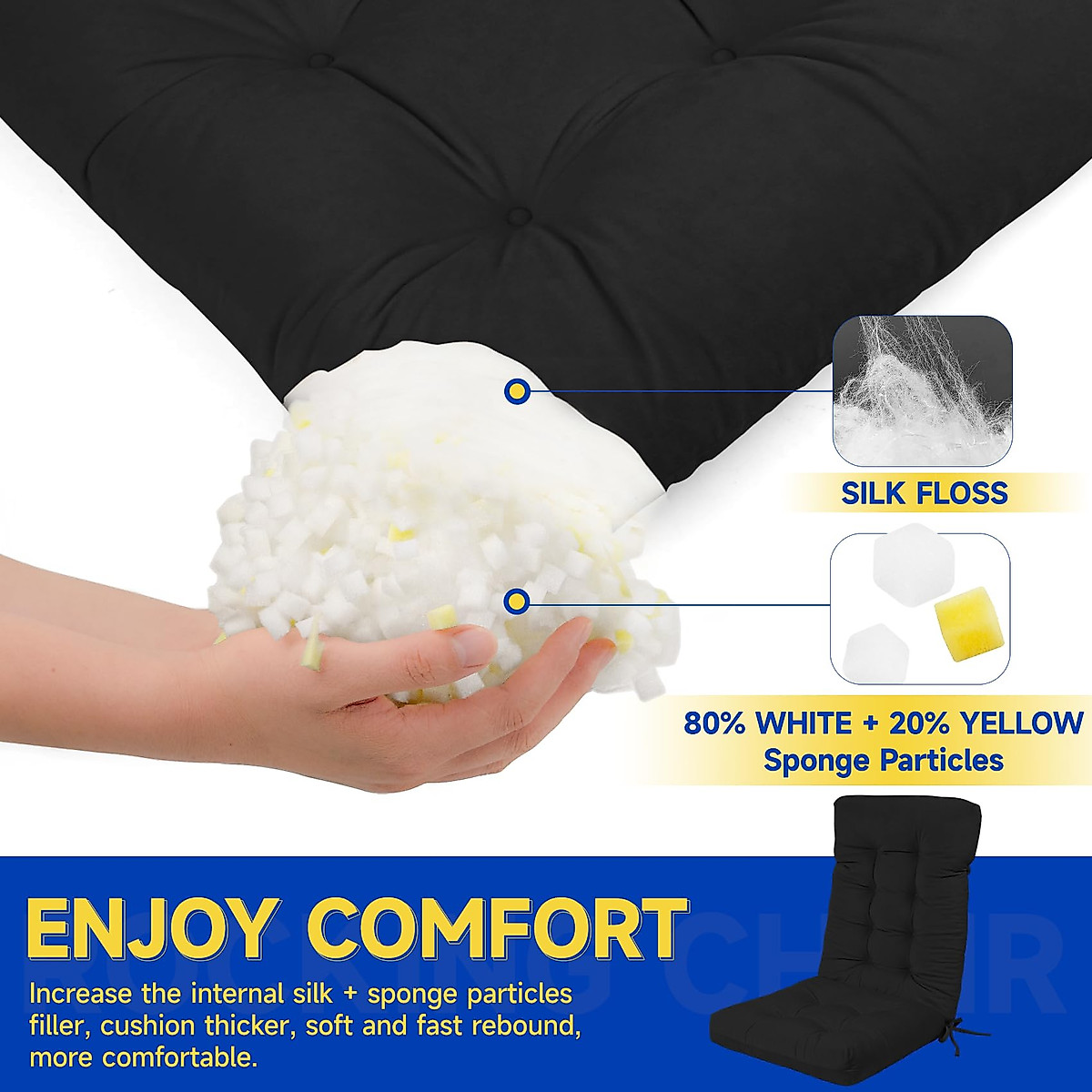 ROFIELTY Rocking Chair Cushion. Padded Tufted Rocking Chair Cushions Indoor. Double Non-Slip Delicate Tufted Rocking Chair Cushion. (Night Black, 42X18X3)