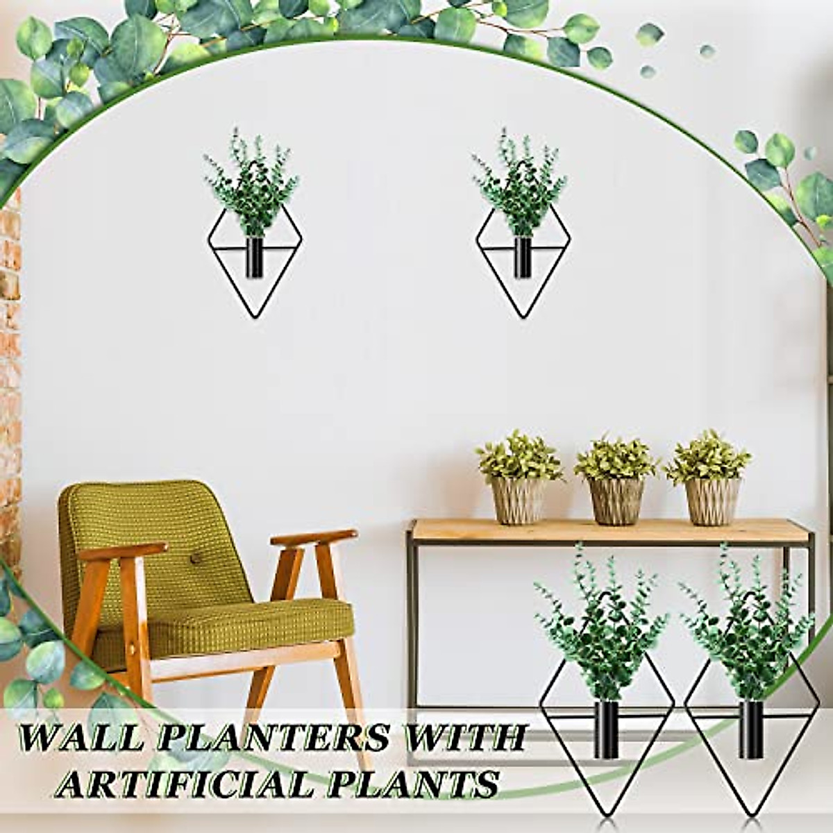 Jexine 2 Pcs Hanging Planters with Artificial Plants Metal Hanging Vase Indoor Plants Holder Modern Geometric Wall Decor for Living Room Home Office (Black, Eucalyptus)
