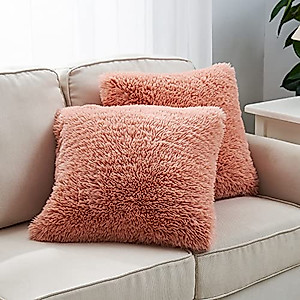 Cozy Bliss Super Soft Fuzzy Faux Fur Throw Pillowcovers for Couch, Long Hair Fluffy Shaggy Throw Pillowcases, Luxury Plush Decorative Pillow Covers for Sofa Bed (20" x 20", Dusty Pink)