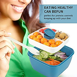 shopwithgreen 52 OZ to Go Salad Container Lunch Container, BPA-Free, 3-Compartment for Salad Toppings and Snacks, Salad Bowl with Dressing Container, Built-in Reusable spoon, Microwave Safe