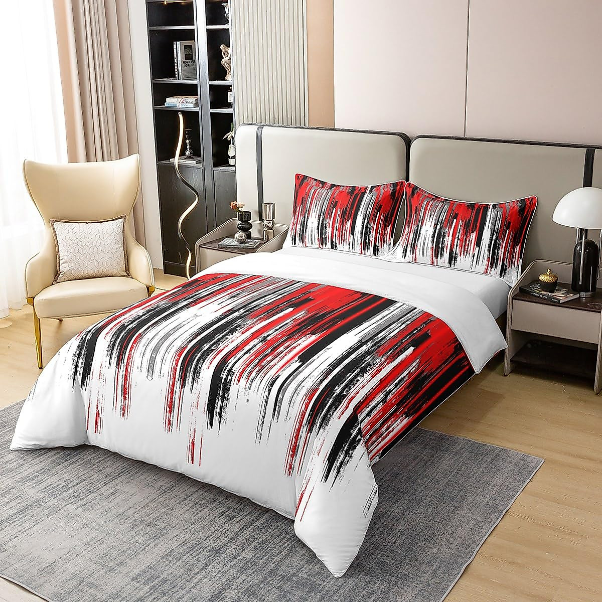 Feelyou Red White Black Bedding Duvet Cover 100% Cotton Set Stripes Reversible Bedding Set Geometric Comforter Cover Set for Room Decor Modern Abstract Art Bedspread Cover Twin Size With 1 Pillow Case