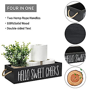 Bathroom Decor Box 2 Sides Funny Toilet Paper Holder Wood Tank Box Over Toilet Paper Storage Basket with Rope Handle Rustic Bathroom Paper Organizer Box with Funny Sign Farmhouse Home Decor Box