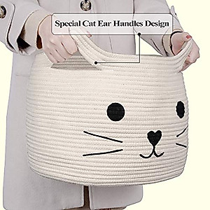 HiChen Large Woven Cotton Rope Storage Basket, Laundry Basket Organizer for Towels, Blanket, Toys, Clothes, Gifts | Pet Gift Basket for Cat, Dog - 15.7" L×11.8" H