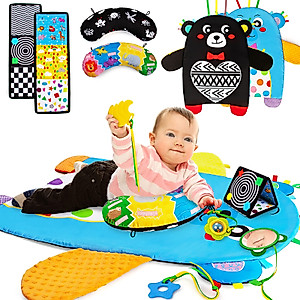 teytoy 3-in-1 Tummy Time Mat & Pillow & Mirror Black and White High Contrast Tummy Time Toys with 3 Teethers for Newborn Infant Baby Toys 0 3 6 9 12 Months Easter Gifts