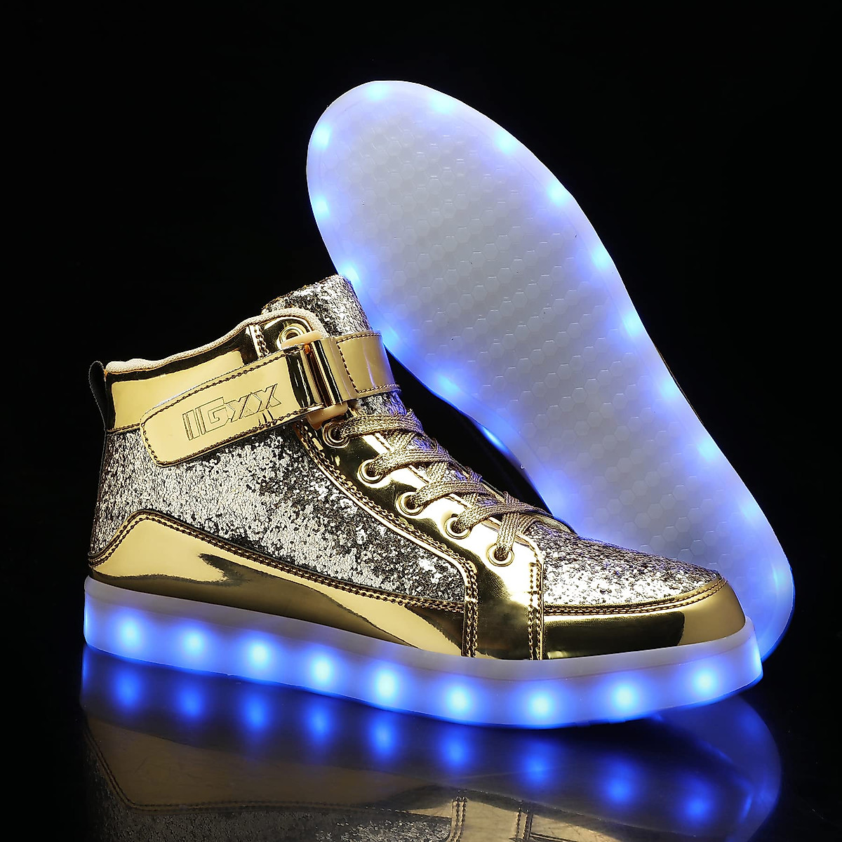 IGxx LED Light Up Shoes for Men USB Recharging High Top LED Sneakers Women Kids Glitter Gold
