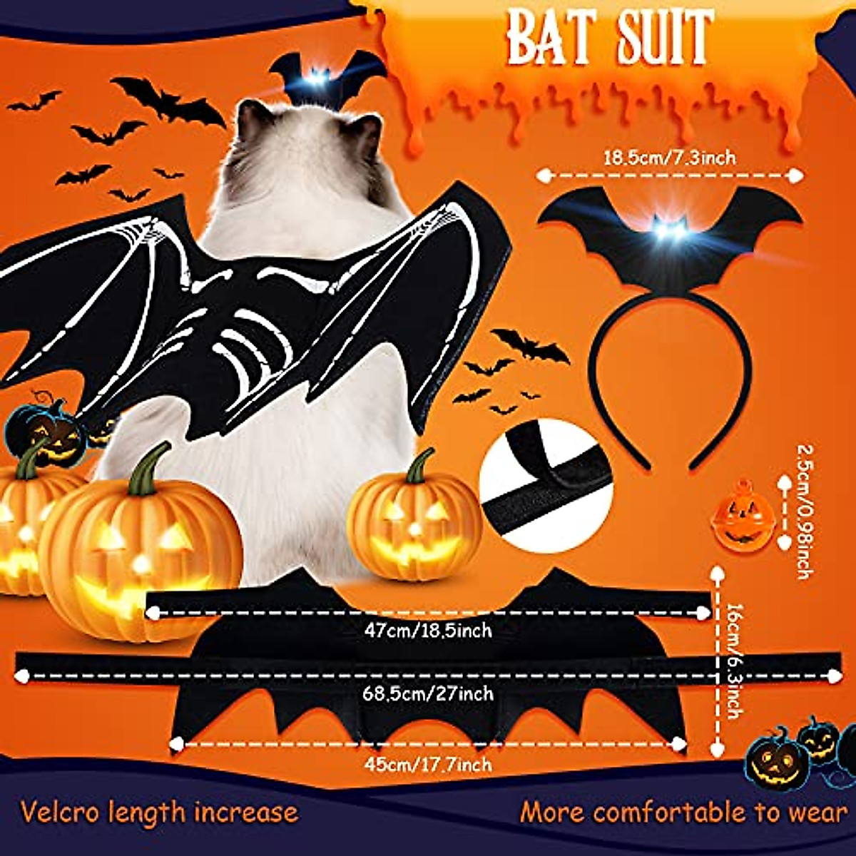 6 Pieces Halloween Pet Costumes Halloween Cat Bat Costume with Night Fluorescence Cat Vampire Cloak Pet Wizard Hat Dog Bat Headband Pumpkin Ghost Pendant for Dogs Cats Halloween Party Cosplay Party
