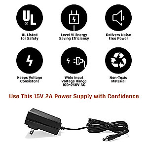 UL Listed 15V 2A Power Supply, 100-240V AC to 15VDC 2000mA Wall Charger Replacement Adapter with 5.5mm x 2.1mm /2.5mm, 3.5 x 1.35mm, 4.8mm x 1.7mm Output Jack for AIMTOM SPS-155 and Small Electronics