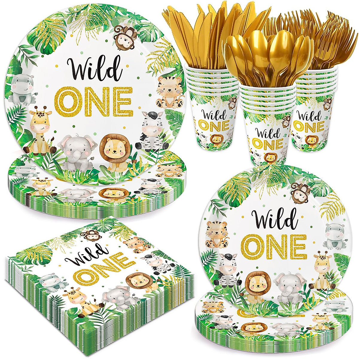 Jungle Safari Baby Shower Decorations Tableware Set Serves 24, Animals Paper Plates, Napkins, Cups, Cutlery for Baby Boy Wild One Birthday Baby Shower Party Supplies