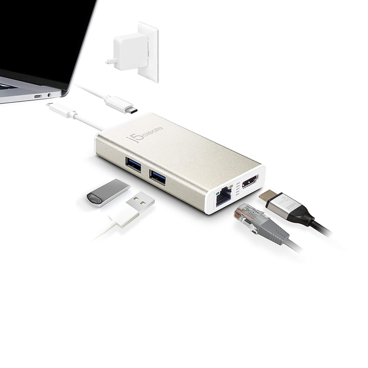 j5create USB C Hub Multi-Adapter Docking Station with HDMI 4K, 2X USB 3.1 SuperSpeed Ports, Ethernet, Power Delivery 2.0, JCA374-R (Renewed)