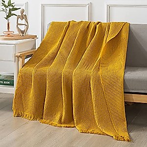 R.SHARE Soft Knit Waffle Throw Blanket for Couch Bed with Tassel, Thin Knitted Lightweight Cozy Woven for Sofa Travel, Cute Women Men, Big Twin Size, 60x80 inches, Mustard Yellow