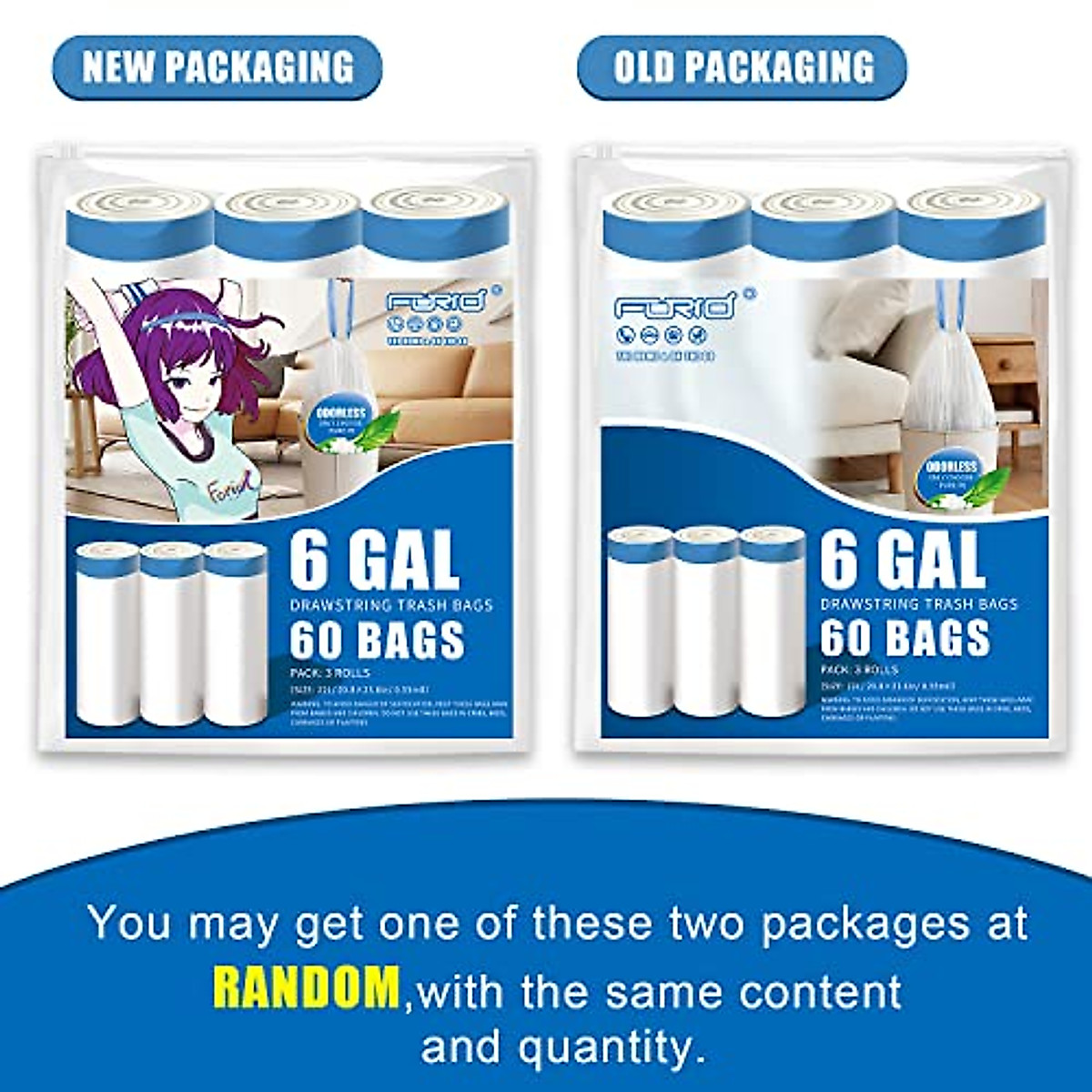 FORID Small Drawstring Garbage Bags - 6 Gallon Plastic Trash Bags Heavy Duty White Trash Can Liners 60 Count Unscented Bin Bags for Kitchen Bathroom Office Home Bedroom 22 Liter