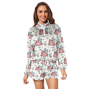 Kigai Pink Fly Pig Jogging Suits for Women Lounge Cozy Long Sleeve Half Zip Lapel Collar Sweatsuit Set,XXL