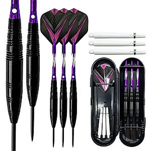KingHtao Steel Tip Darts Set 22 Gram- Standard PET Flights, Aluminum Dart Shafts,with O Rings, Extra Aluminiu Shafts, Dart Flights and Portable Darts Case (3pcs/Pack) (Purple)