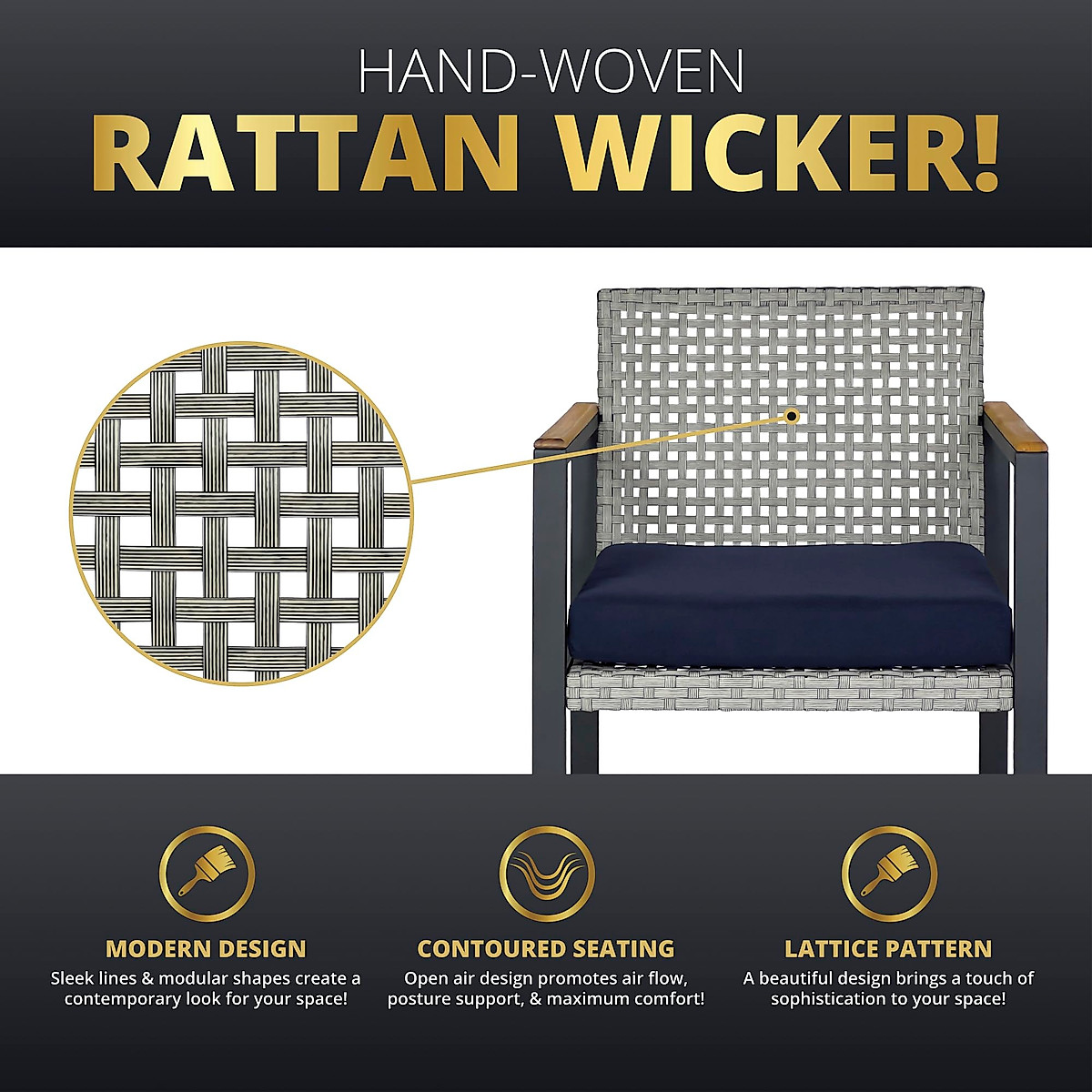 Kinger Home Keaton 4-Piece Outdoor Rattan Furniture Set with Teakwood Accents, Sofa, 2 Armchairs, Glass Coffee Table