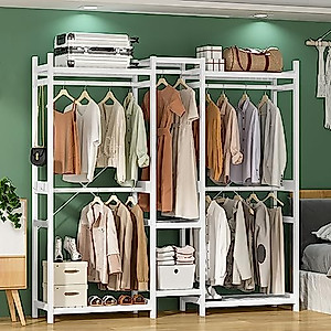 Hoiplu Bamboo Closet System Clothing Rack for Hanging Clothes, Large Garment Rack with Shelves and 5 Rods, 70”W x 77”H Heavy Duty Freestanding Clothes Rack Organizer for Wall-in Closet Bedroom, White