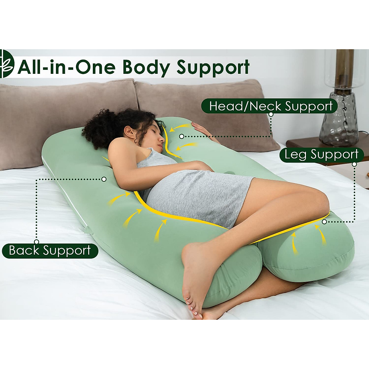 QUEEN ROSE Cooling Pregnancy Pillows, U Shaped Full Body Maternity Pillow for Pregnant Support, Rayon Derived from Bamboo, Buttery Soft, Super Breathable for Hot Sleeper, Green