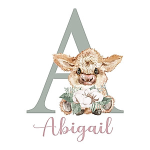 Personalized Watercolor Highland Cow Sage Green and Dusty Rose Rustic Cotton Farmhouse Baby Nursery Unframed Print