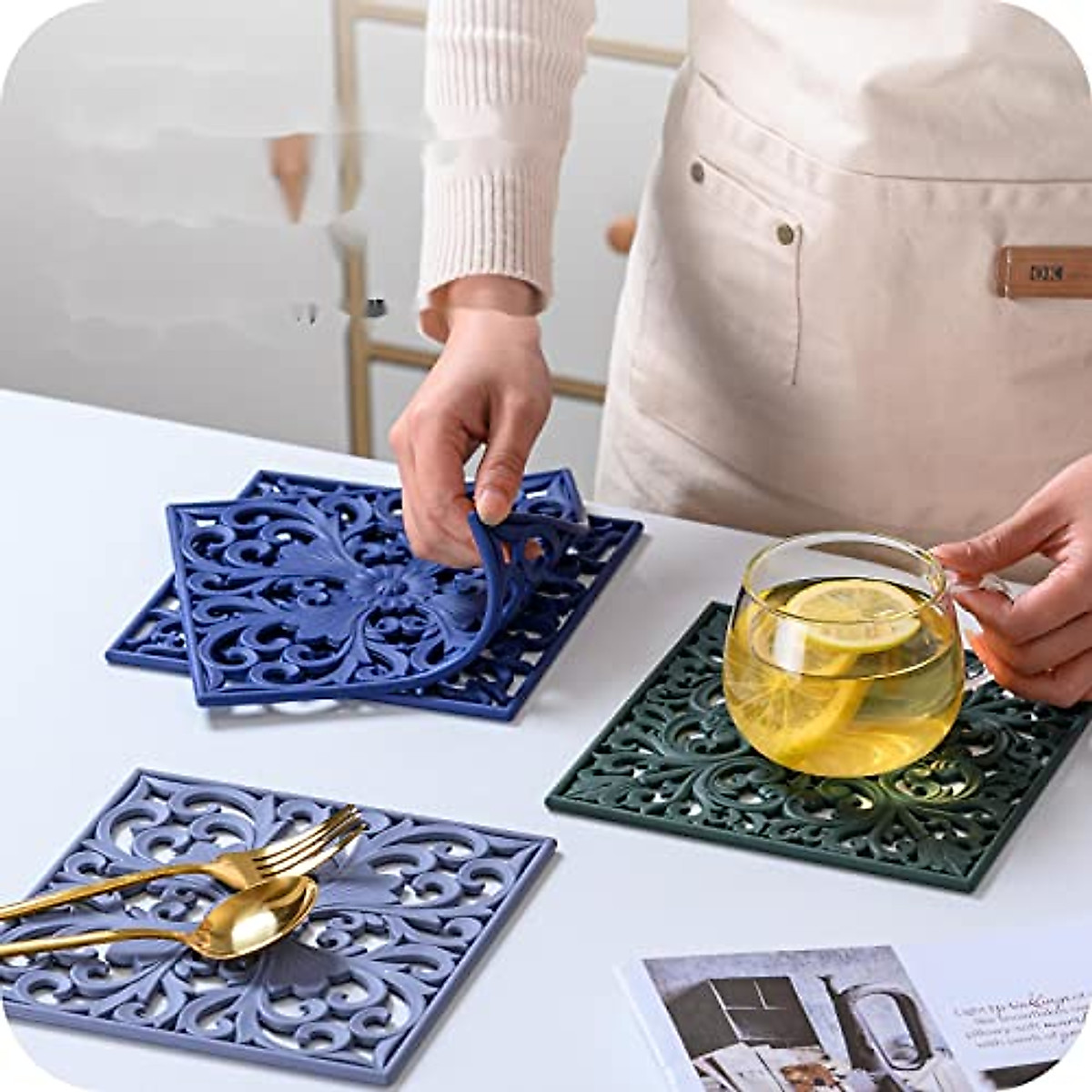 Silicone Trivets Mats-Trivets for Hot Dishes, Table, Countertop, Non-Slip Heat Resistant Modern Kitchen Trivets,Teapot Trivet - Flexible Trivet Square, Hot Pads for Pots & Pans of 3 Black